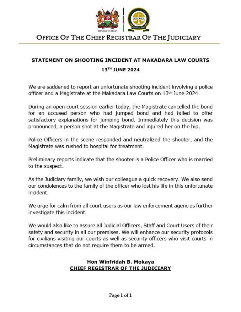 CRJ Mokaya Statement on Shooting Incident at Makadara Law Courts – The ...